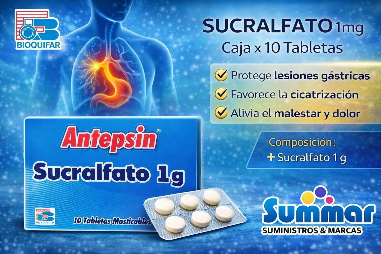 Antepsin 1g Caja x 10 Tabletas (Sucralfato) BIOQUIFAR